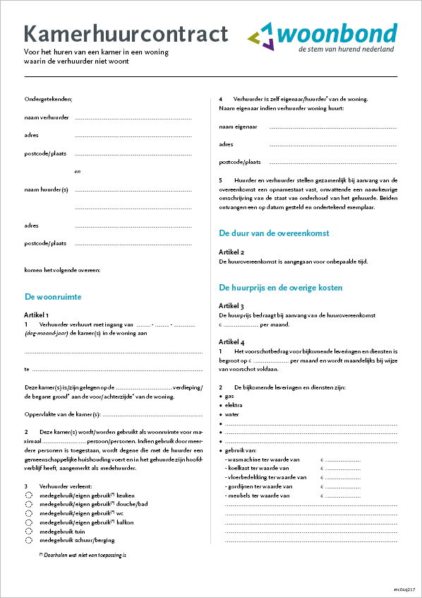 Huurcontract kamer(s) niet-inwoning (PDF) | Woonbond